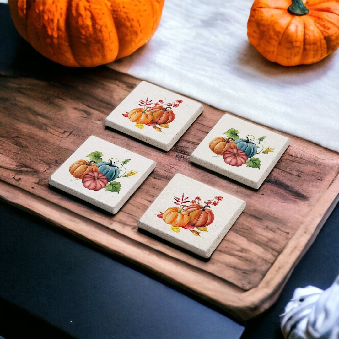 Pumpkin Fall Stone Coasters, Autumn Floral Cork Backing Coasters ...