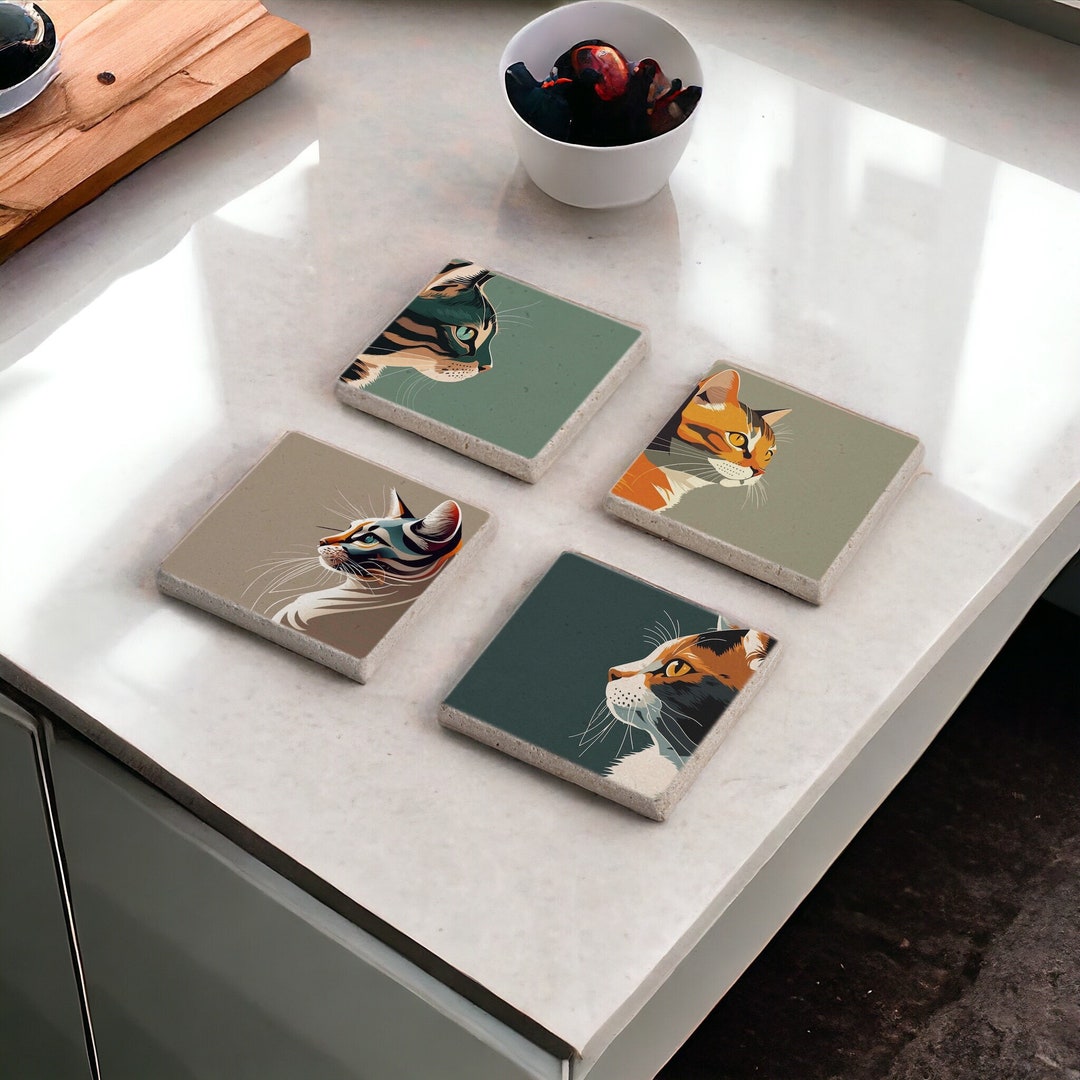 Cat Illustration Stone Coaster Set, Cat Wood Coasters, Animal Lover ...
