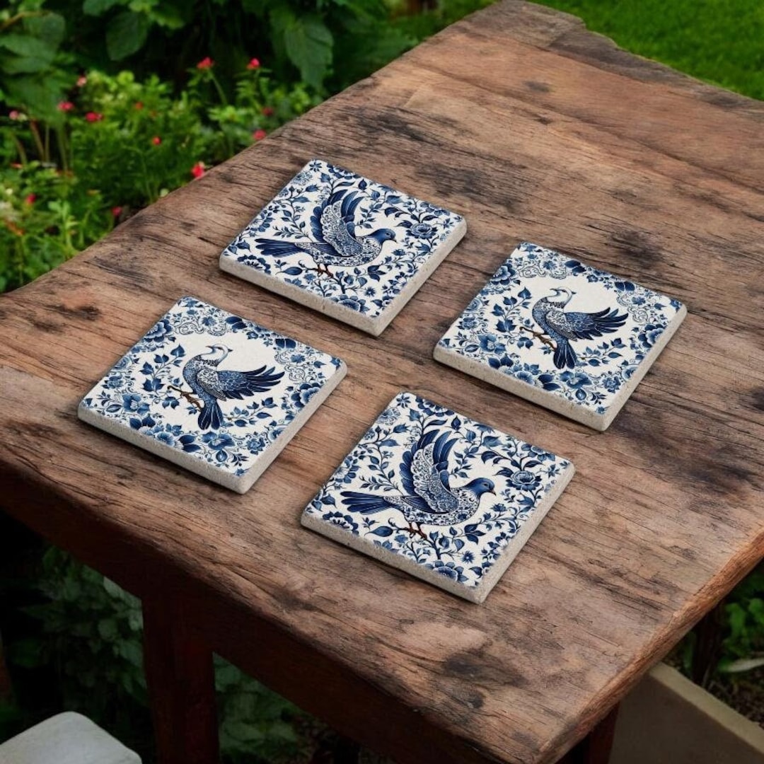 Blue Birds Stone Coasters, Blue Tile Coaster Set, Blue Flowers Coasters ...