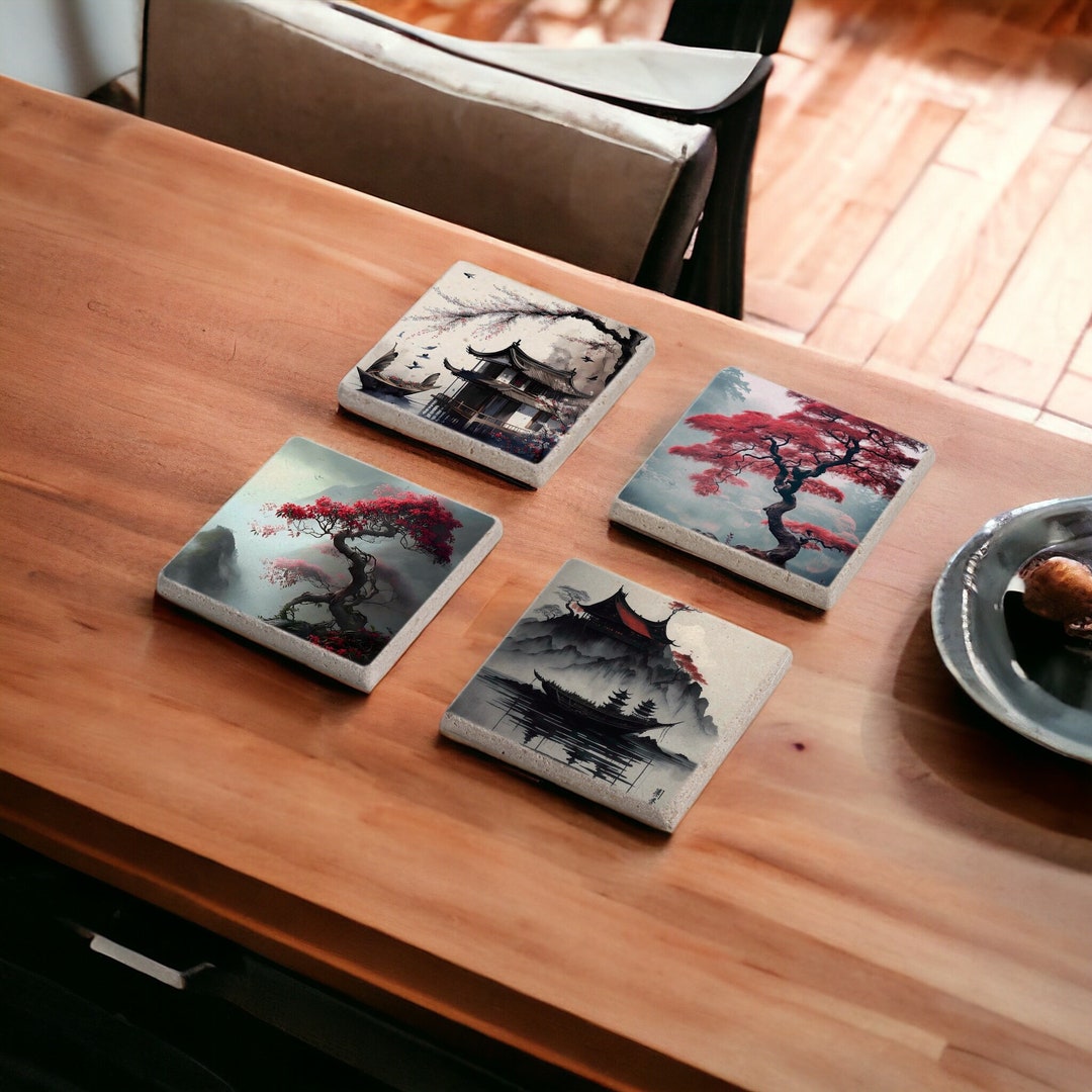 Japanese Cultural Stone Coasters, Japanese Aesthetic Wood Coasters ...