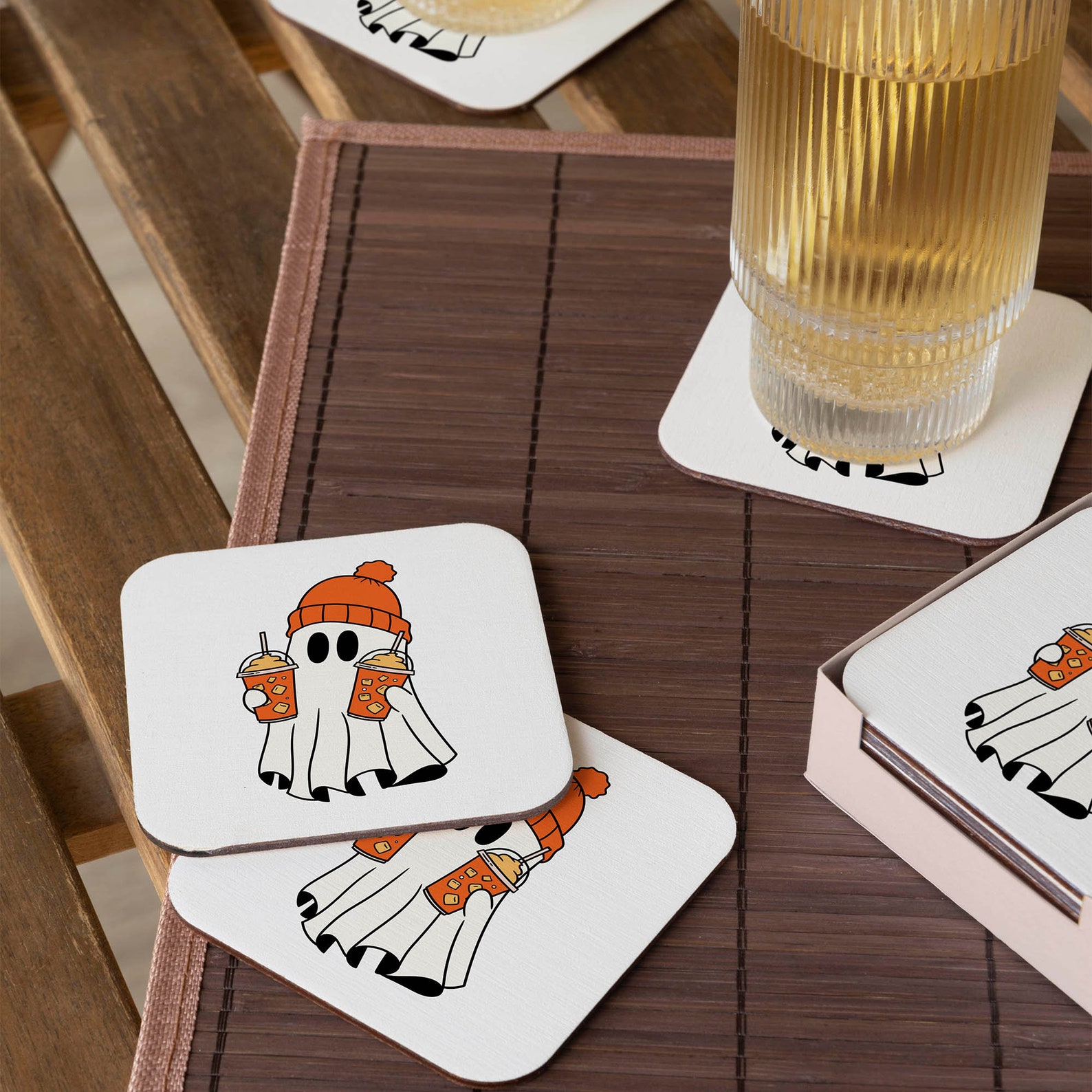 Halloween Ghost With Coffee Stone Coaster, Cute Spooky Ghost Coaster ...