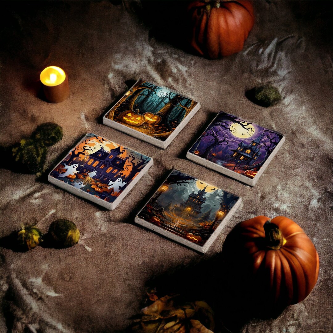 Halloween Stone Coasters Set, Halloween Pumpkin Coasters, Halloween ...