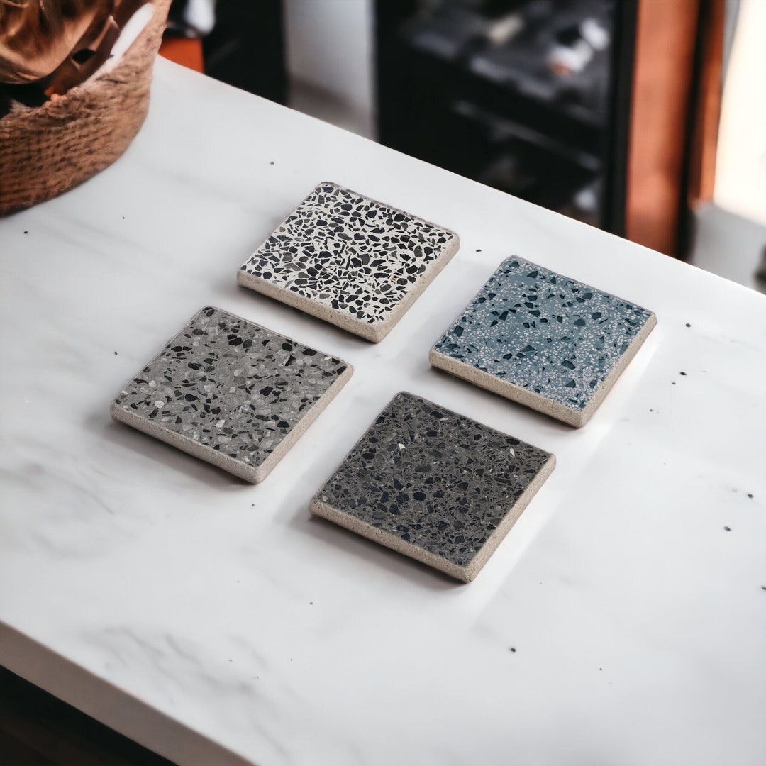 Dark Terrazzo Stone Coasters, Gray Terrazzo Coasters, Cork Backing ...