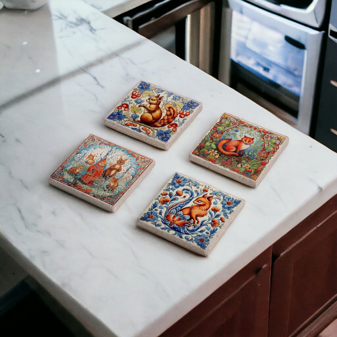 Blue Floral Tile Stone Coaster Set, Fox Wood Coaster, Ethnic Folk ...