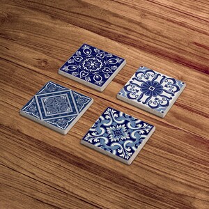 Blue Tile Stone Coaster Set, Mexican Talavera Tile Wood Coasters ...