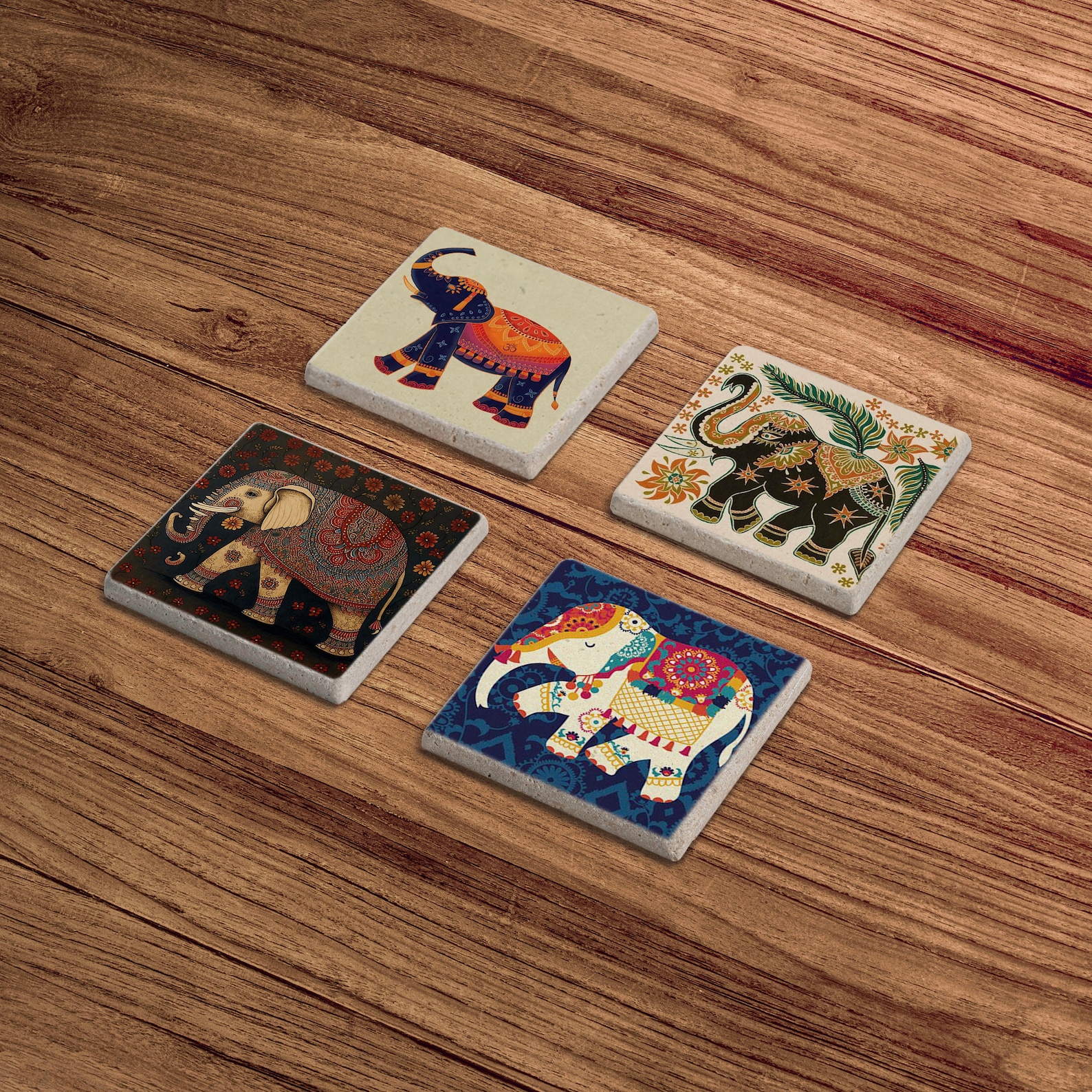 Indian Elephant Stone Coasters Set, Elephant Art Wood Coasters Set ...