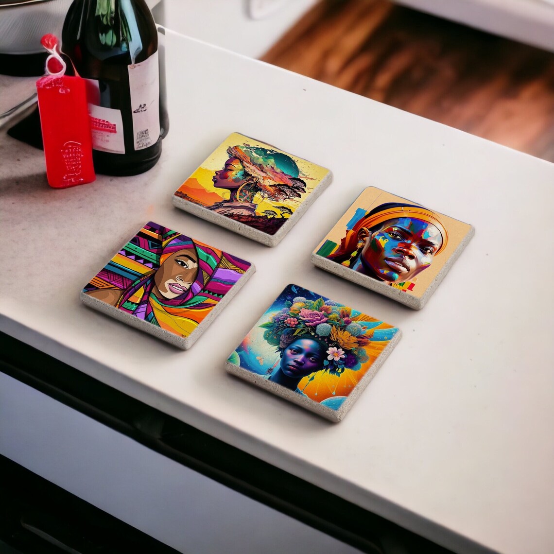 African Women Coasters, African Women Art Stone Coasters Set of 4 ...