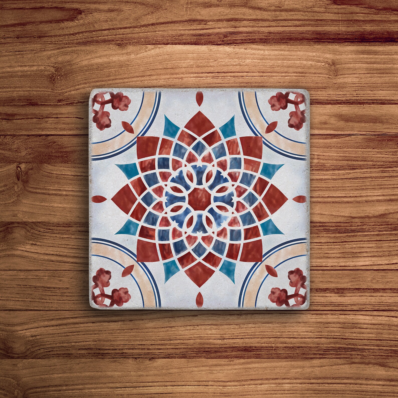 Red Blue Tile Stone Coaster Set, Mexican Talavera Tile Wood Coasters ...