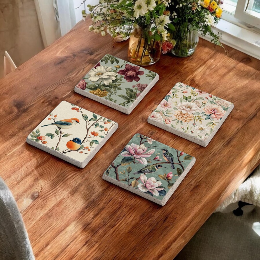 Flowers and Birds Stone Coasters, Birds Coaster Set, Flowers Coasters ...