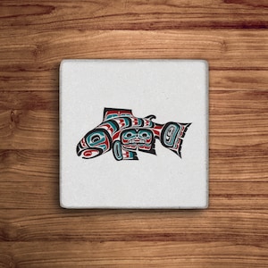 Salmon and Orcas Stone Coasters Set, Canadian Aboriginal Art Wood Coasters, Northwest Coast ...