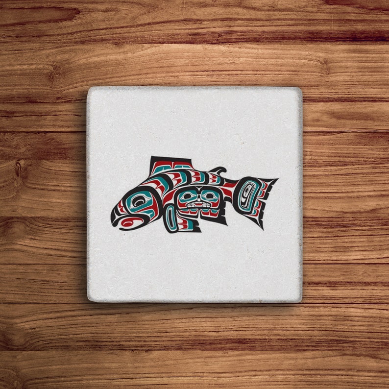 Salmon and Orcas Stone Coasters Set, Canadian Aboriginal Art Wood ...