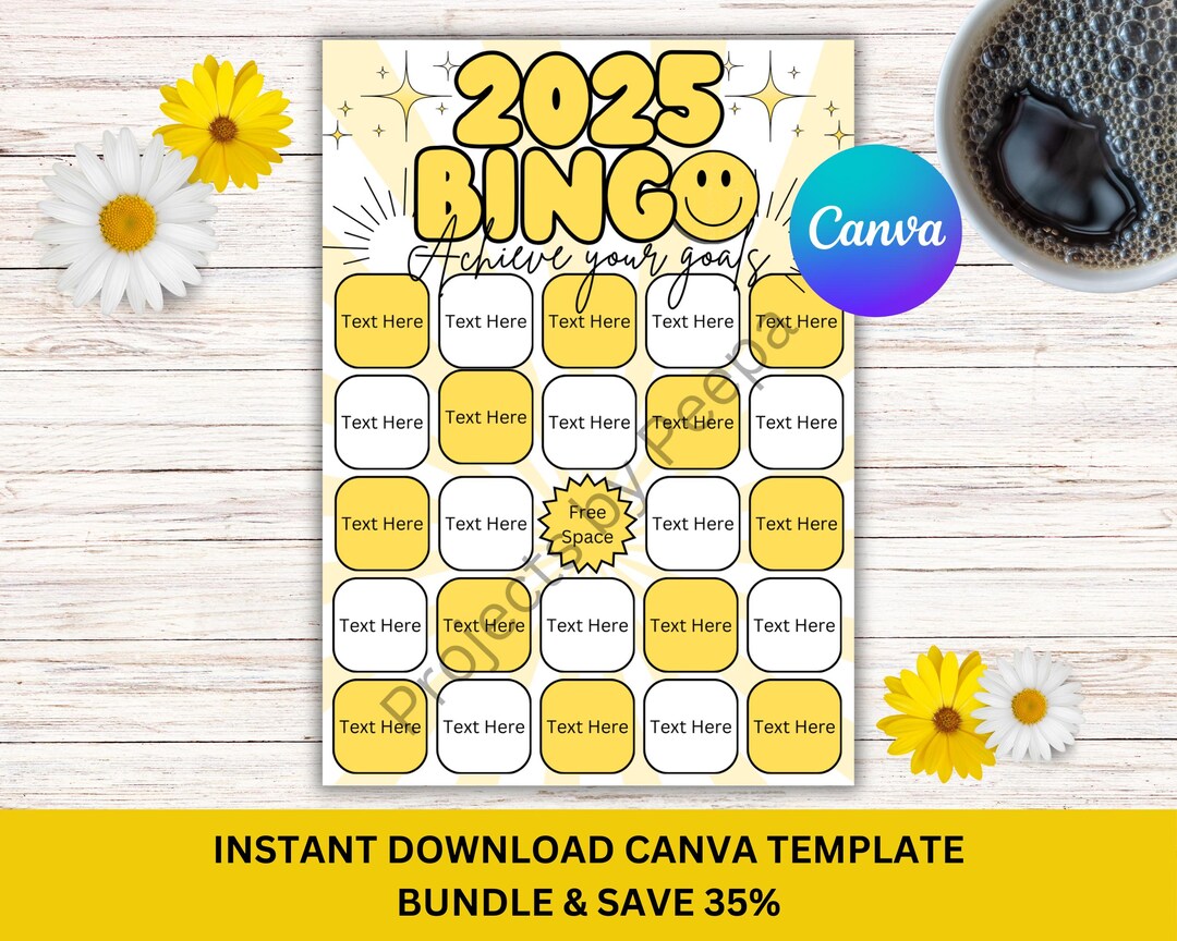 2025 Bingo Card New Years Resolution Card Yellow Retro Year Goals ...