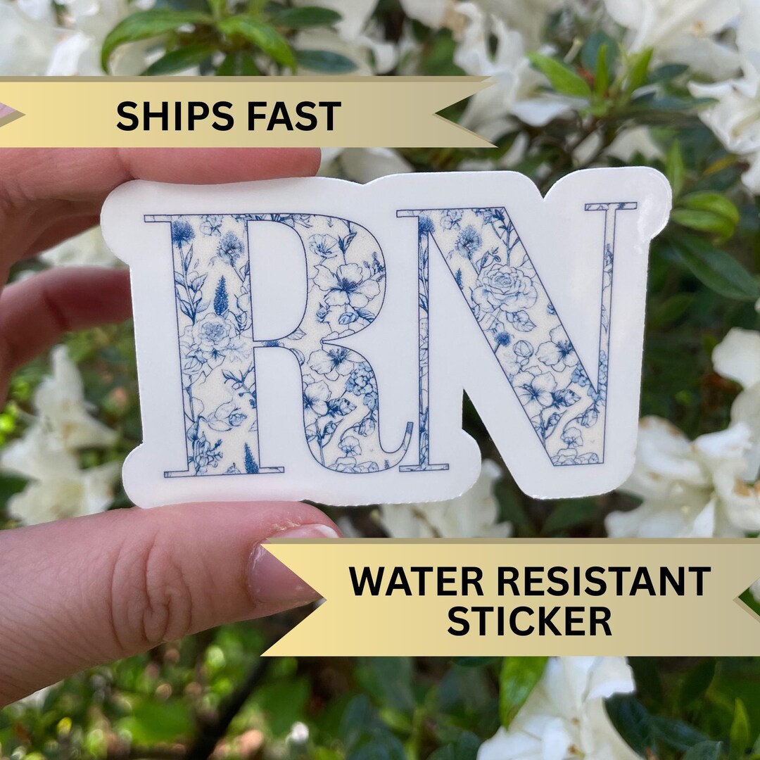 Floral Blue Toile RN Sticker, Registered Nurse Laptop Decal, Graduation ...
