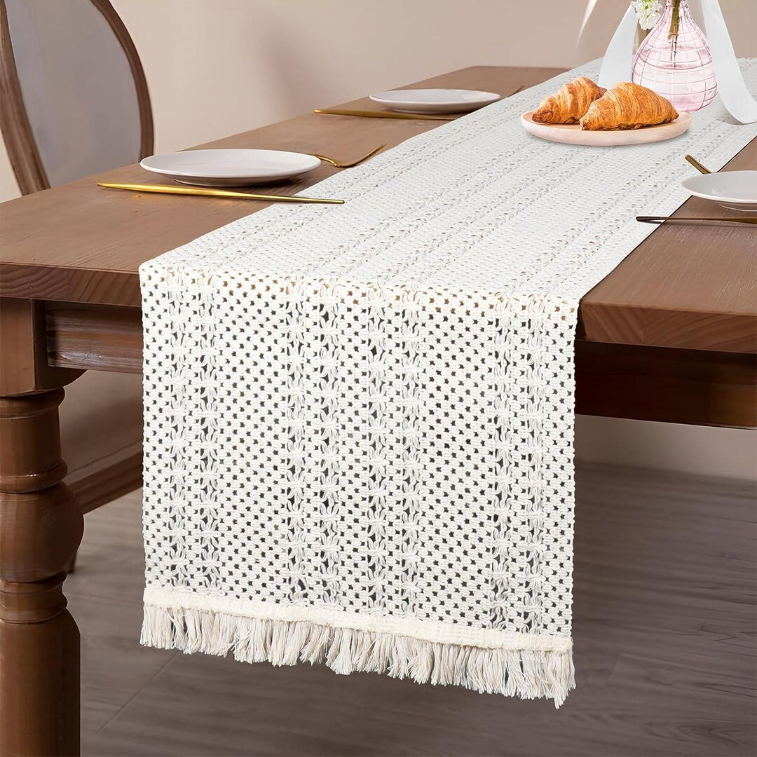 Ivory Macrame Table Runner Cream Boho Table Runner With Tassels Hand Woven Cotton Table Runner ...