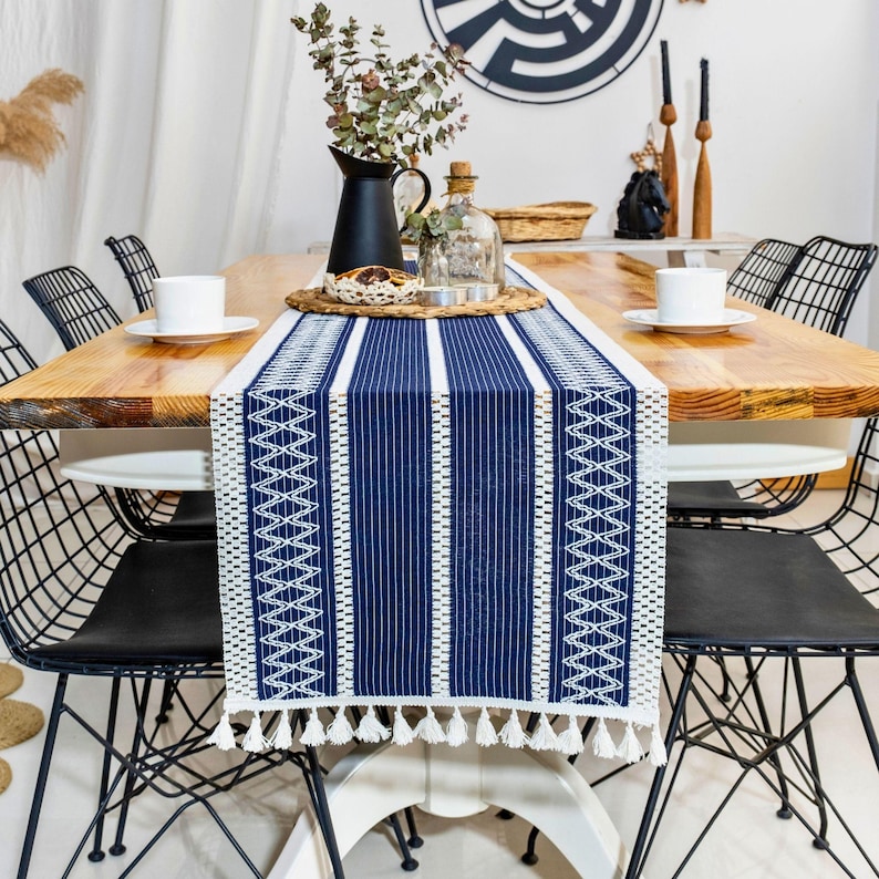 Boho Navy Blue Table Runner 60 Inches Long, Farmhouse Rustic Table ...