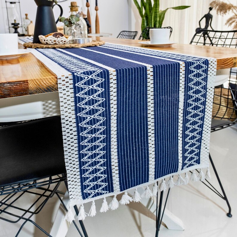 Boho Navy Blue Table Runner 60 Inches Long, Farmhouse Rustic Table ...