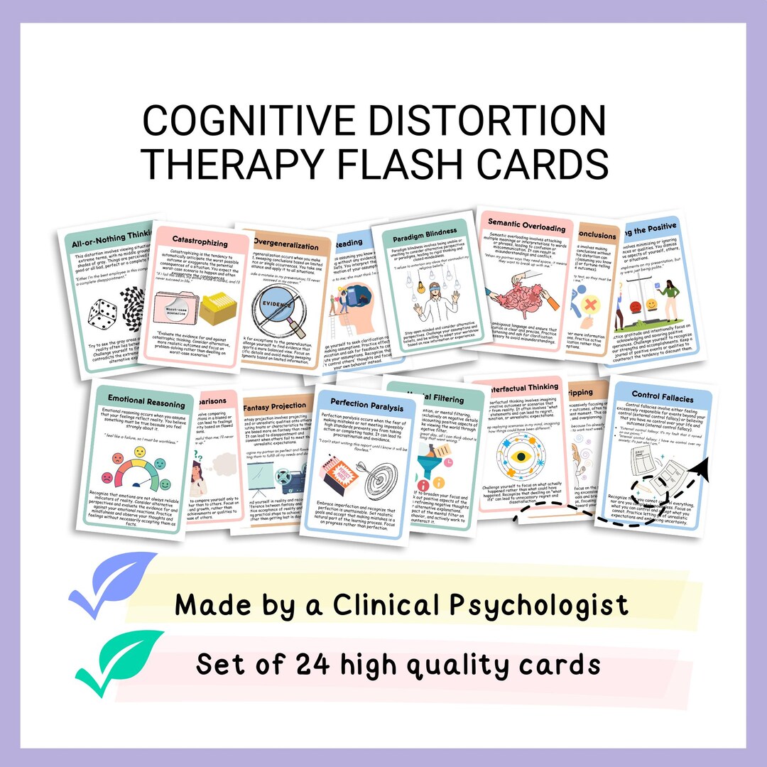CBT Cognitive Distortions Flash Cards: Therapy & Self-help (set of 24 ...