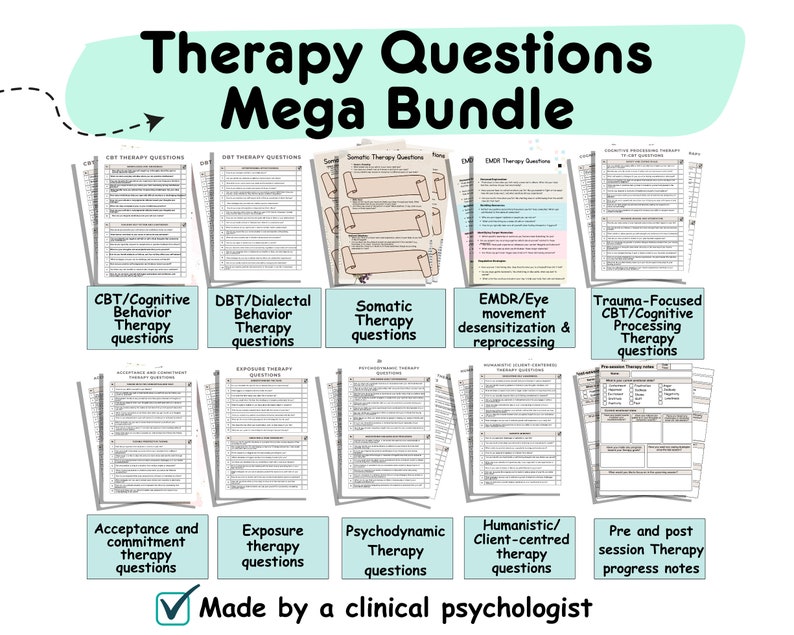 Therapy Questions Bundle, CBT, DBT, Somatic Therapy, EMDR, Cognitive ...