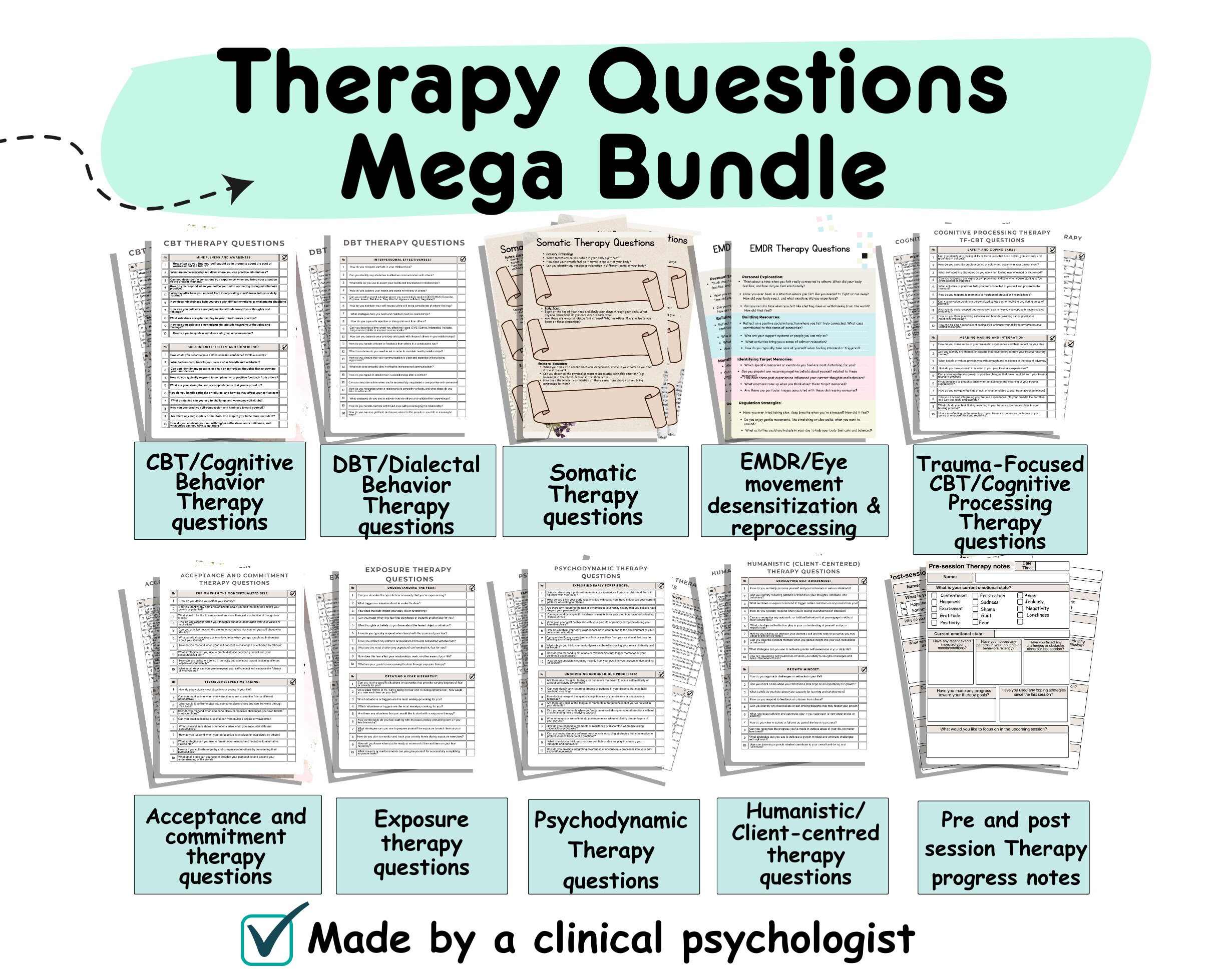 Therapy Questions Bundle, CBT, DBT, Somatic Therapy, EMDR, Cognitive ...