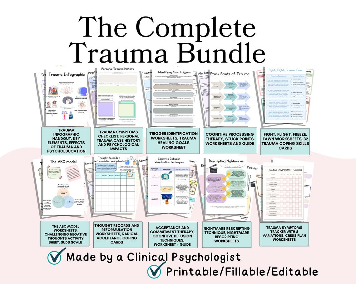 Trauma Worksheets, Trauma Therapy Bundle, Trauma Workbook, Therapy ...