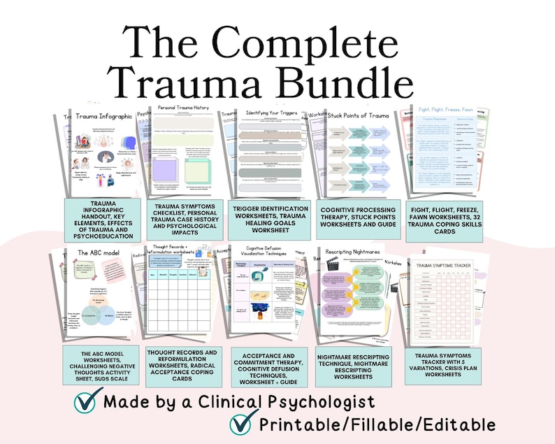 Trauma Worksheets, Trauma Therapy Bundle, Trauma Workbook, Therapy ...