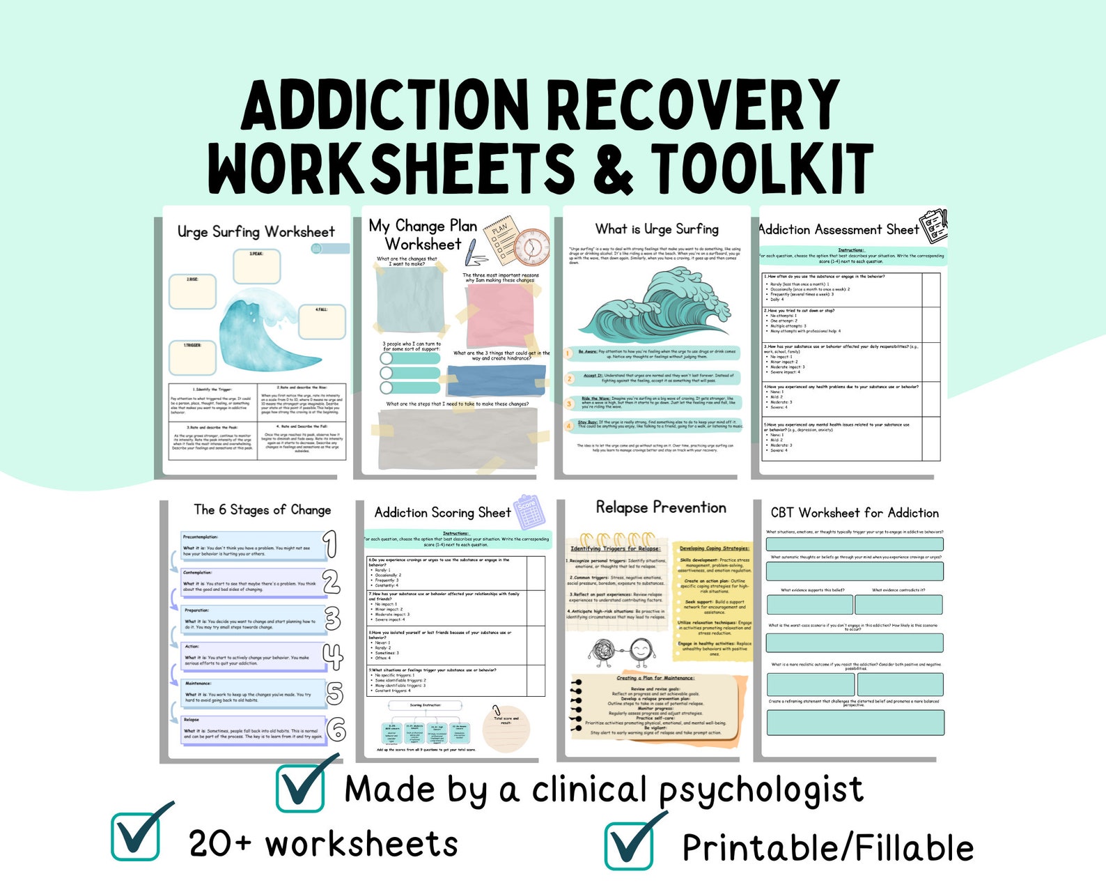 Addiction Recovery Worksheets: CBT, Urge Surfing, Stages of Change ...