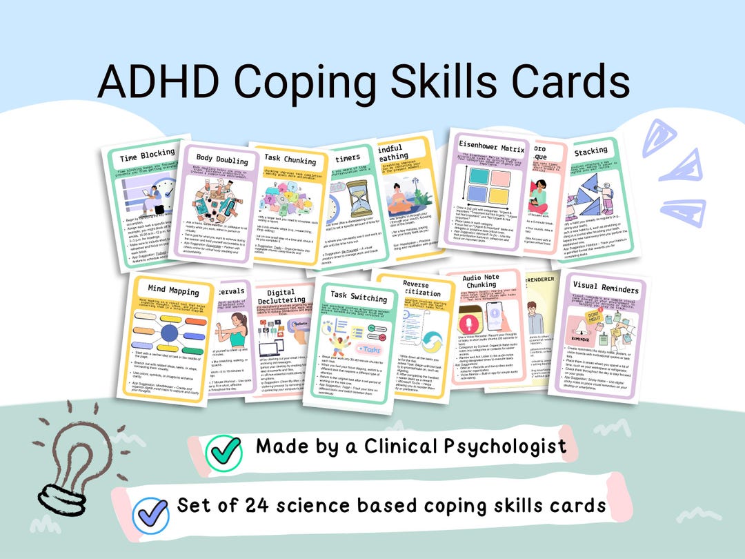ADHD Coping Skills Cards, ADHD Therapy Tools, ADHD Bundle, Adhd for ...