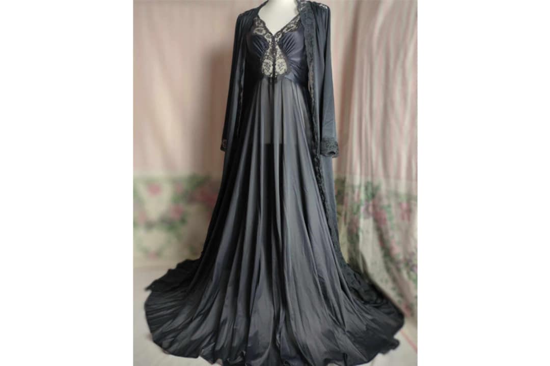 L Vintage Olga Nightgown and Robe Set Bodysilk, in Sheer Black Satin - Etsy
