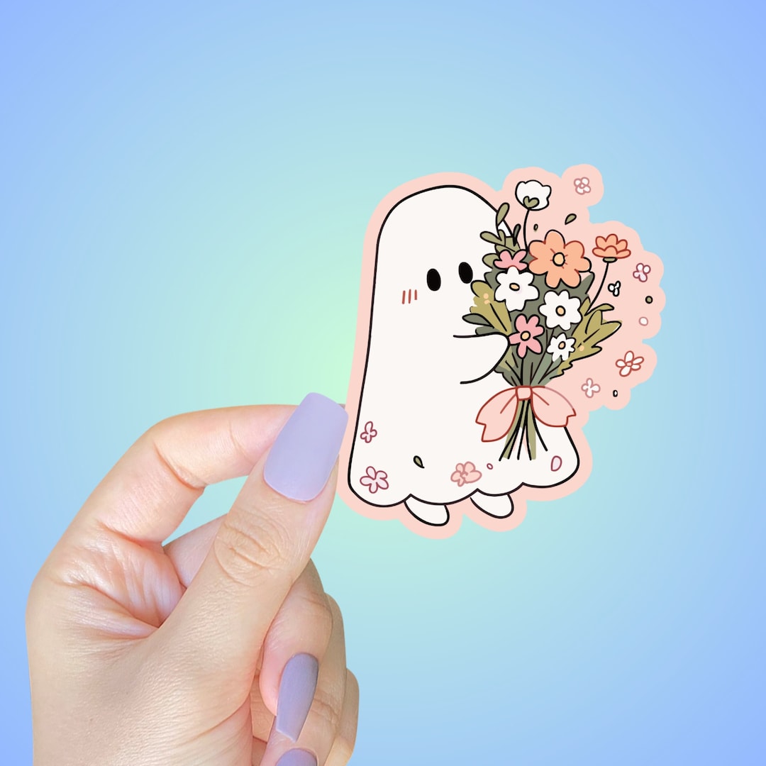 Sweet Little Ghost Holding Flowers STICKER! Cute Ghost and Pretty ...