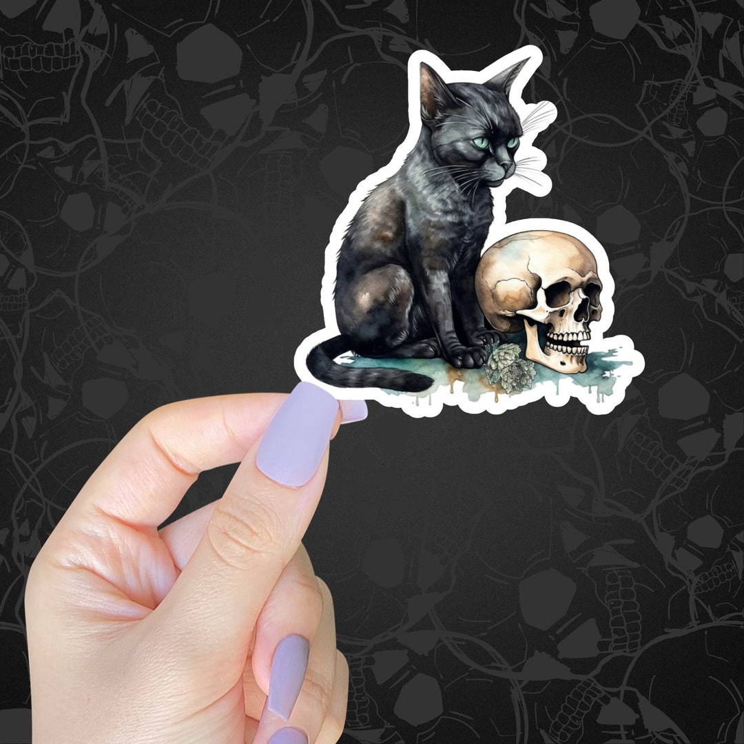 Black Cat and Skull STICKER - Waterproof Die Cut Sticker, Black Cat Fan ...