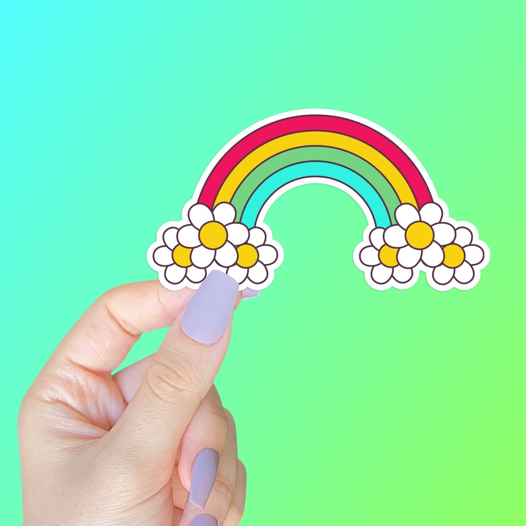 Retro Rainbow & Daisy Clouds STICKER - Waterproof Vinyl Die Cut Sticker ...