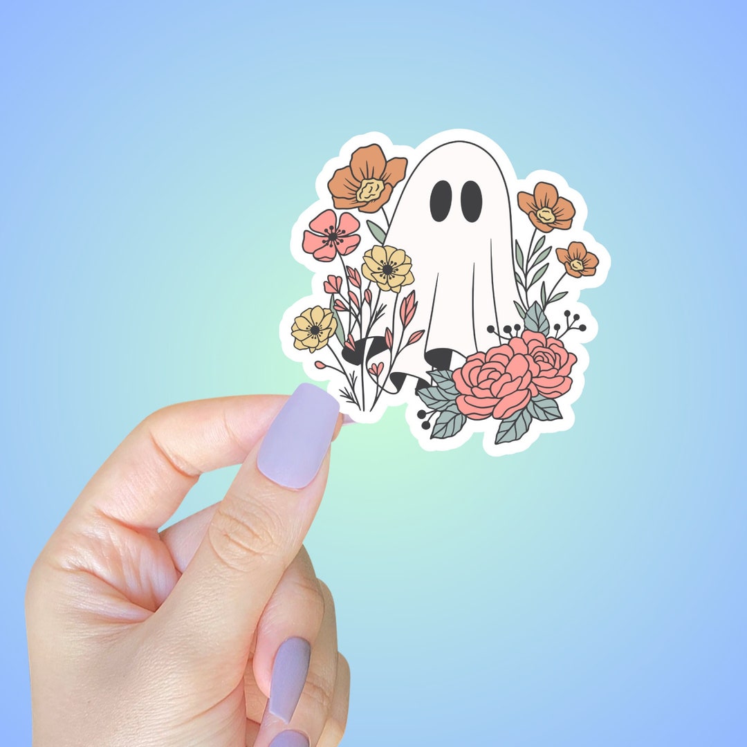 Cute Ghost & Flowers STICKER Waterproof Die Cut Sticker, Adorable Ghost ...