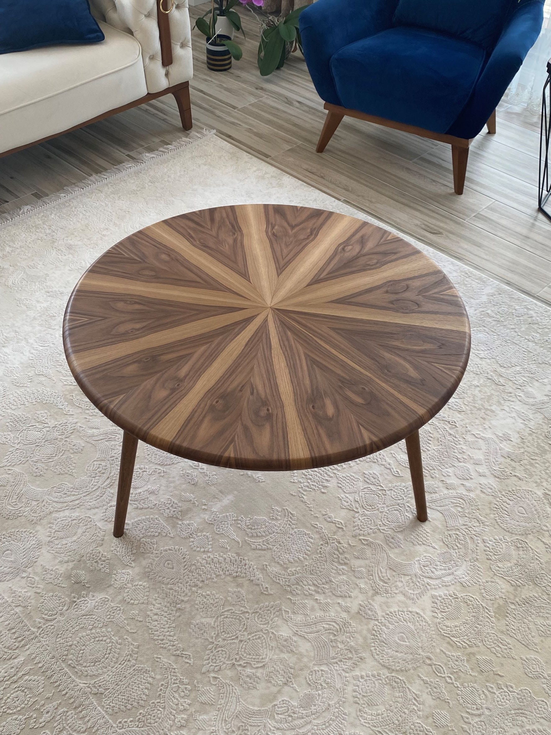 Wooden Round Walnut Coffee Table, Mid Century Modern Coffee Table ...