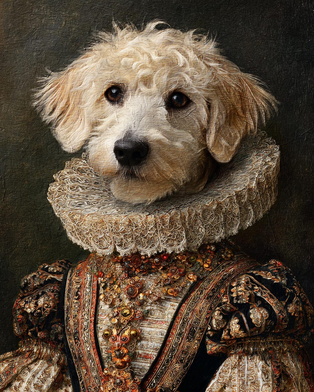 Baroque Pet Portrait: Custom Dog Art in Pearl Decorated Dress - Etsy