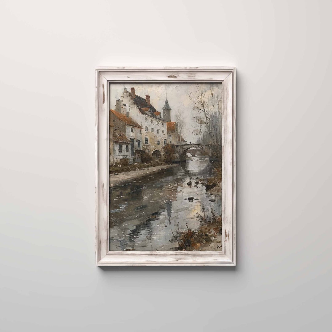 Medieval Stone Bridge Tower and Spire Old Town Artwork Winter Landscape ...