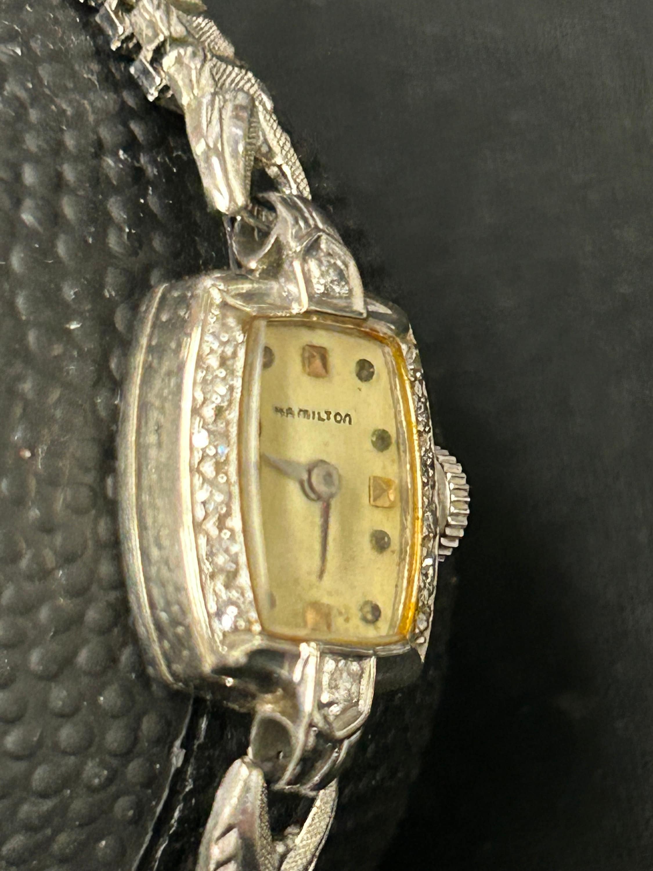 Lady’s 17 Jewel Hamilton Wristwatch Model 911 14K White Gold Set With ...