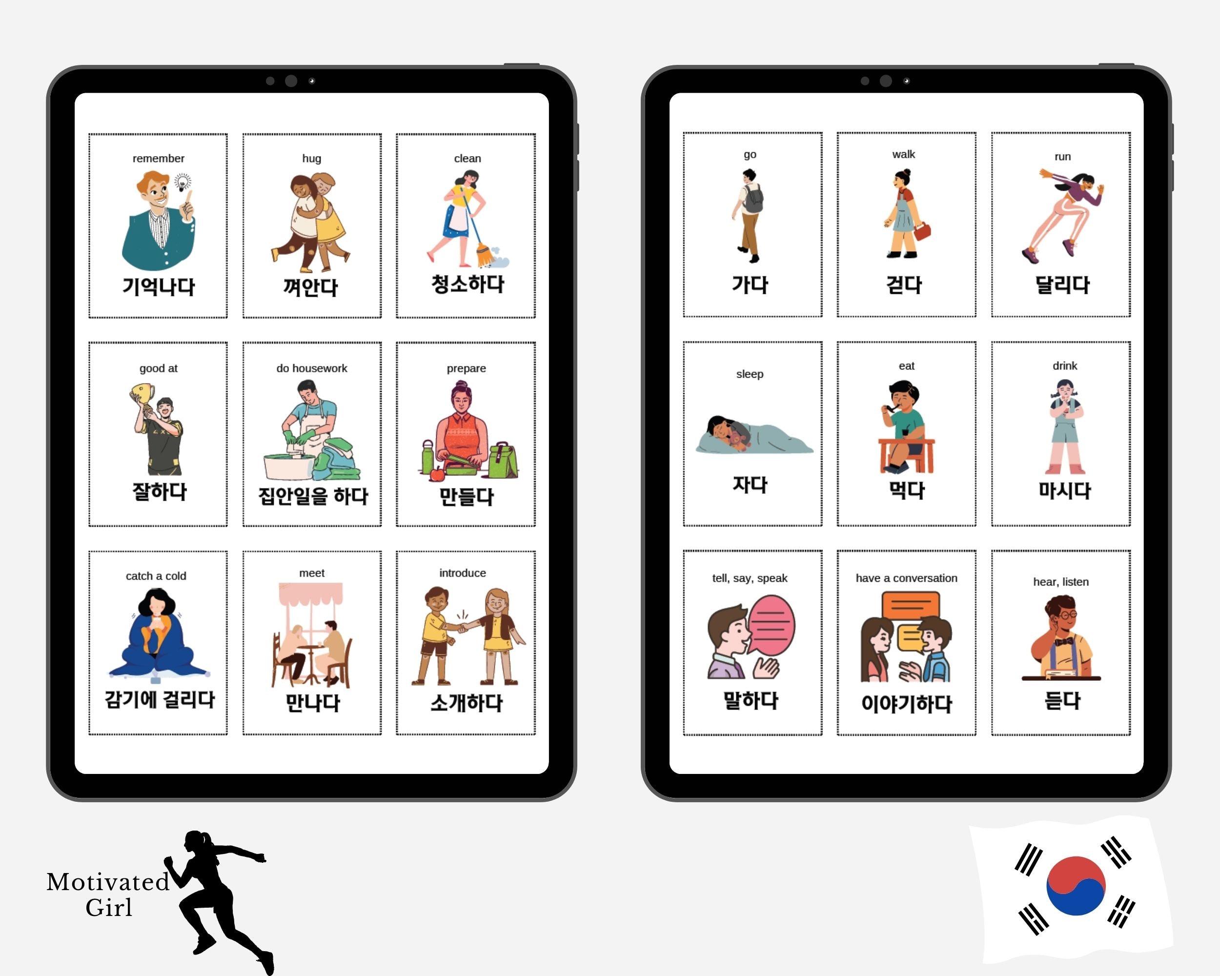 Korean Flashcards 54 Korean Verbs Korean Study Material Flashcards ...