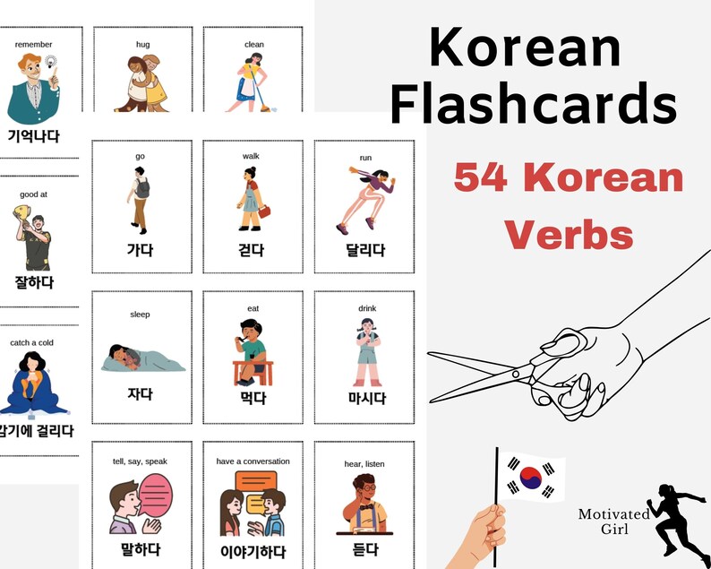 Korean Flashcards | 54 Korean Verbs | Digital Download | Korean ...
