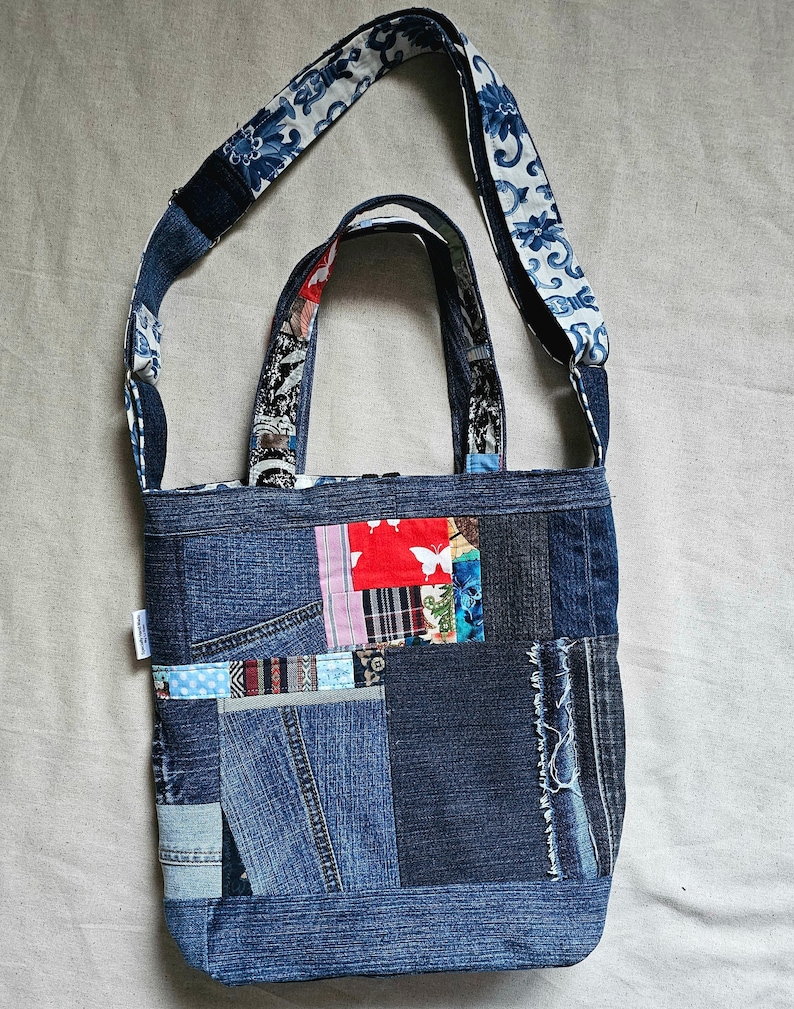 Two Way Crossbody Tote Bag Upcycled Denim Jean Handbag Femininity Rose ...