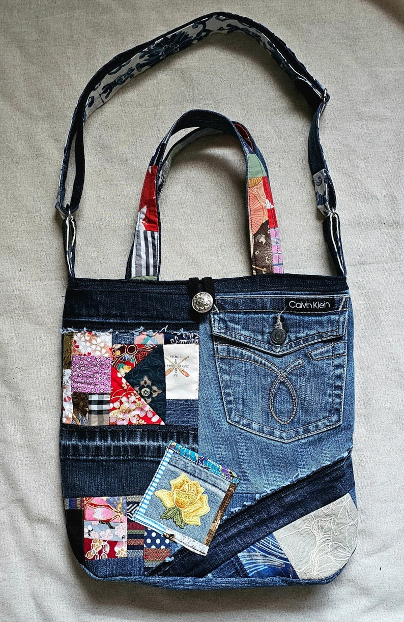 Two Way Crossbody Tote Bag Upcycled Denim Jean Handbag Femininity Rose ...