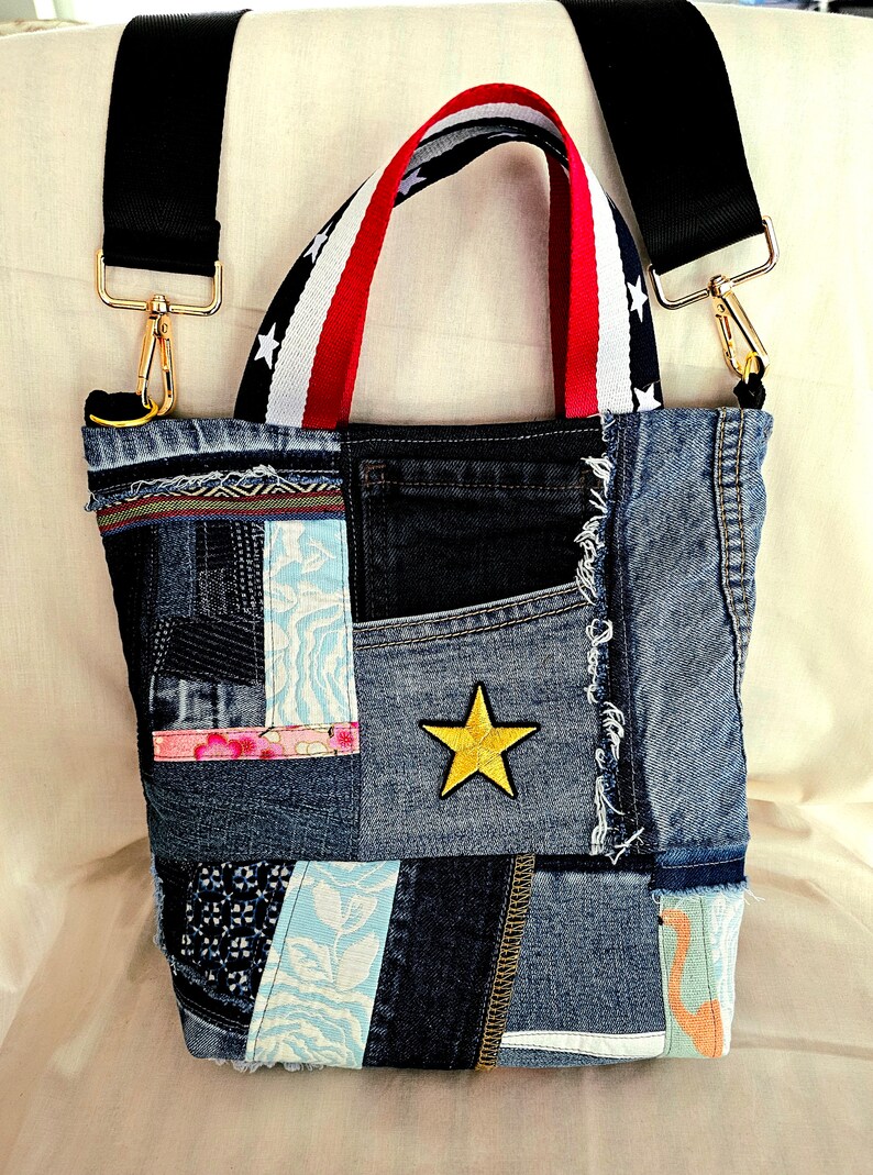Denim Patchwork Tote Crossbody Bag, Cute Jeans Bag, Golden Star ...