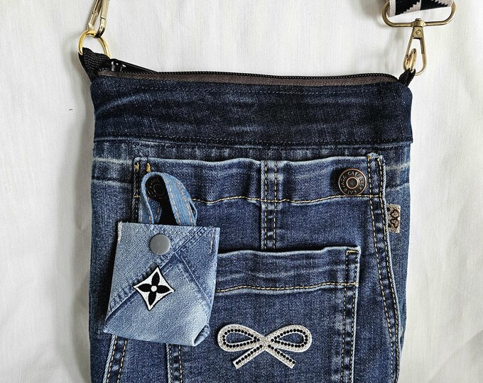 Upcycled Jeans Zip Crossbody Bag, Messenger Bag Denim Purse With Chic ...