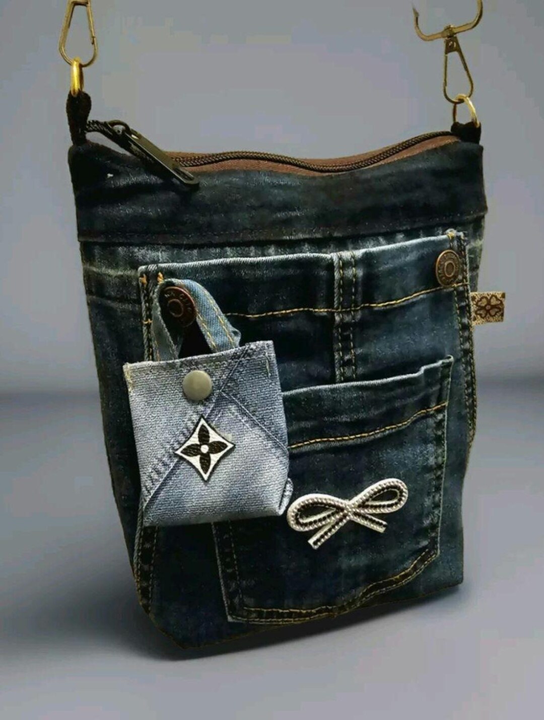 Upcycled Jeans Zip Crossbody Bag, Messenger Bag Denim Purse With Chic ...