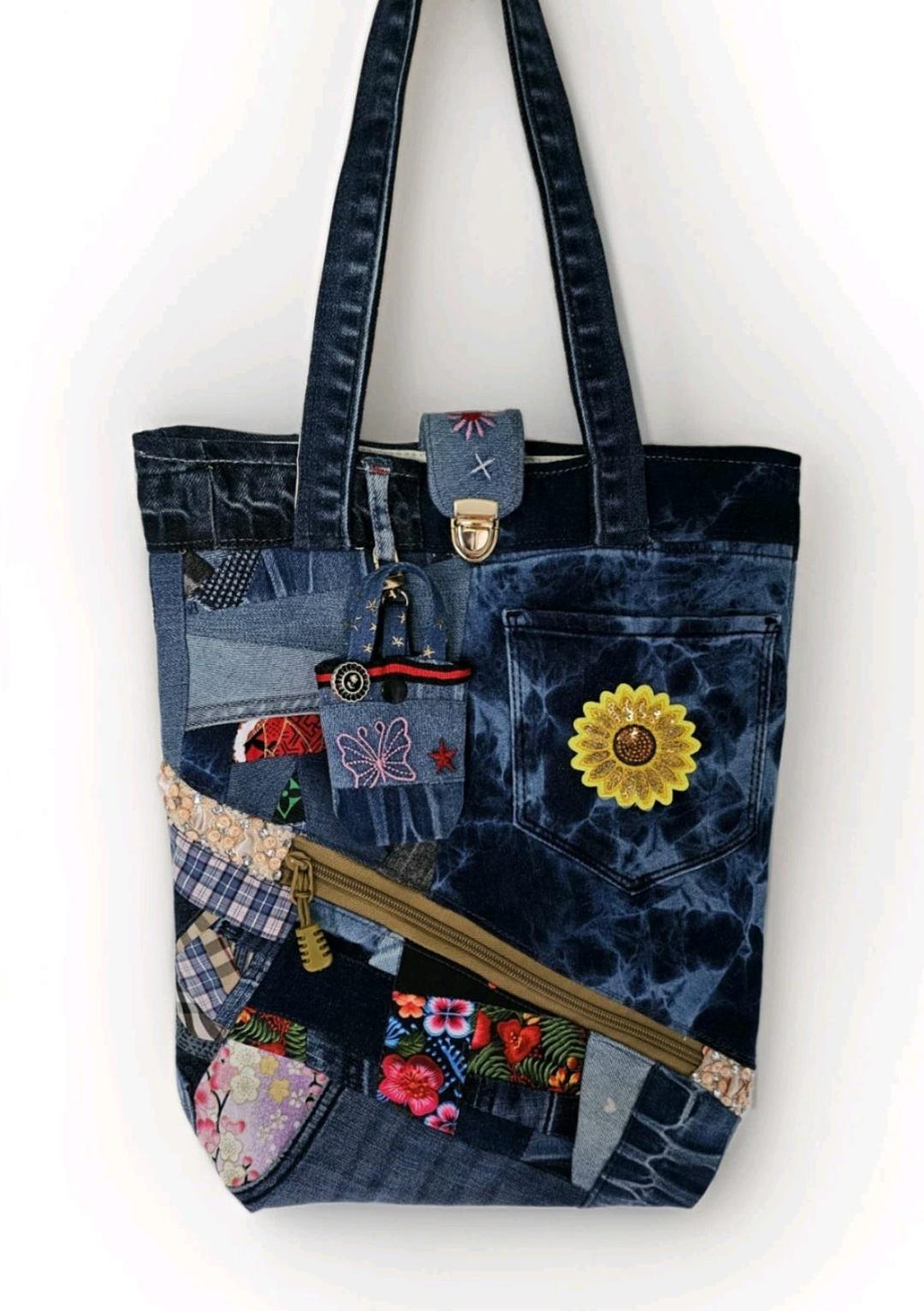 Repurposed Jeans Denim Canvas Shoulder Tote Bag Unique Patchwork ...