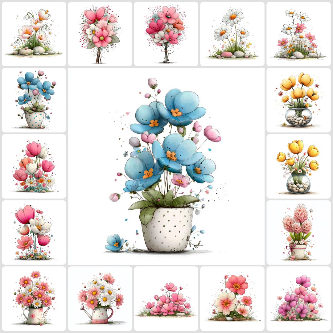 Spring Flowers Collection Clipart Set, Hand-drawn Floral Elements ...