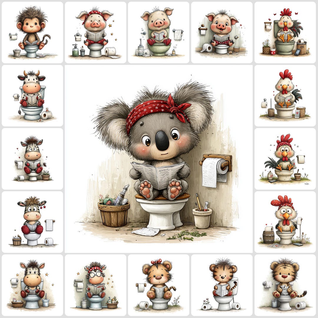 Funny Animals on Toilet Bathroom Humor Scenes Clear Character Clipart ...