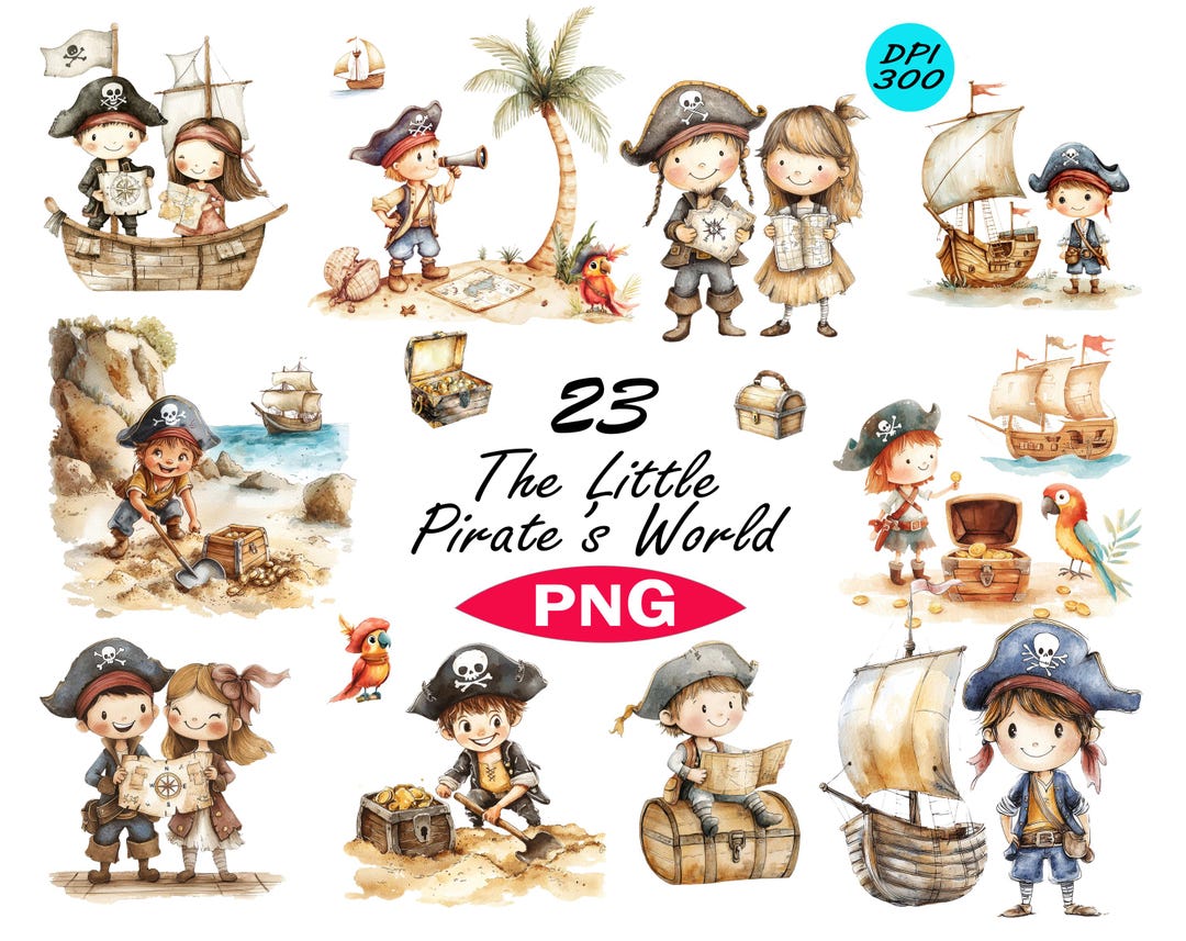 Watercolor Pirate Clipart: Treasure Map, Ship, Cartoon Scene (23 PNG ...