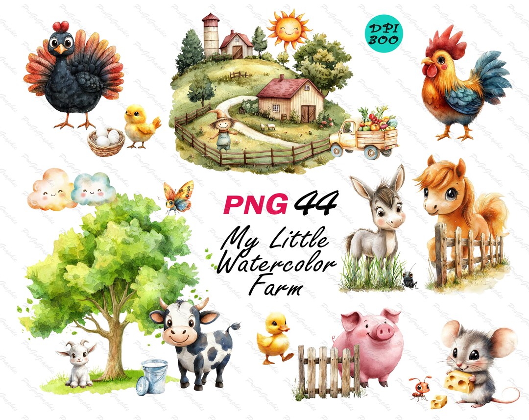 Watercolor Farm Animals Clipart: Pastel Barnyard Art (PNG Files ...