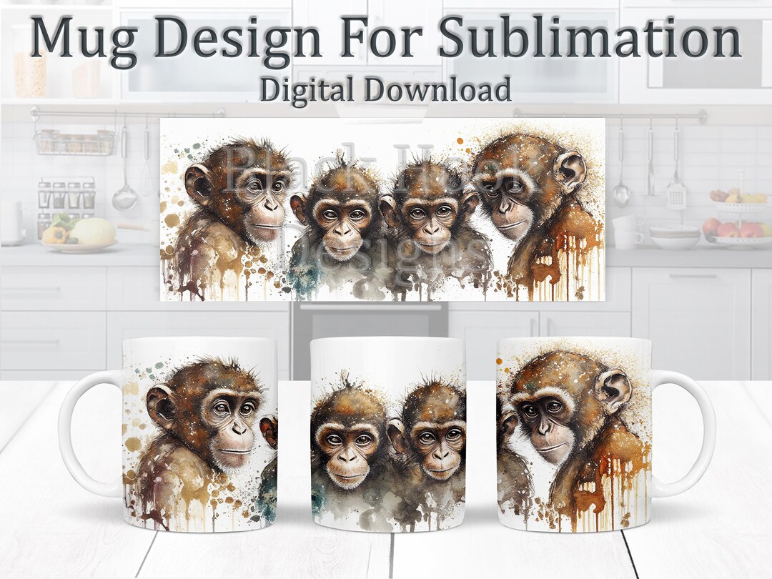 Cute Monkeys Sublimation Mug Design, Watercolour Animal Design, Paint ...