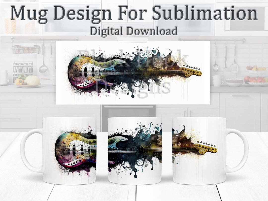 Sublimation Mug Design, Watercolour Guitar, Watercolour Bass Guitar Mug ...